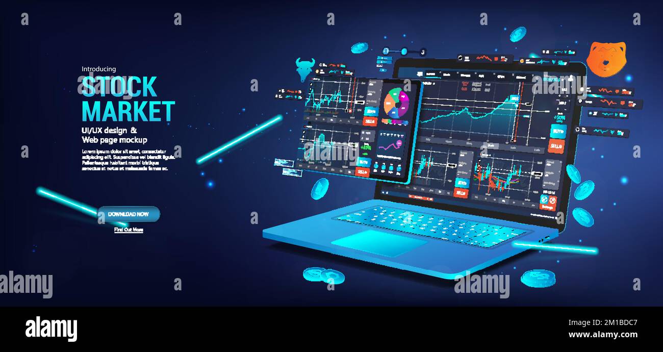 Trade platform online on 3D laptop and tablet. Stock market App Stock ...