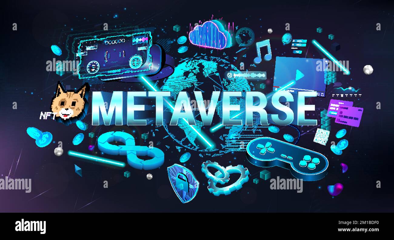 Metaverse concept and virtual world elements. Simulation of the world in virtual reality Stock ...