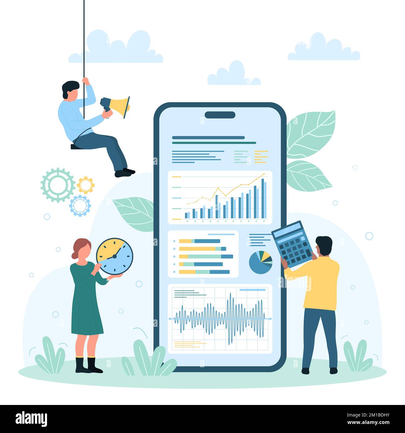 Digital data analysis vector illustration. Cartoon tiny people monitor finance graphs and charts ...