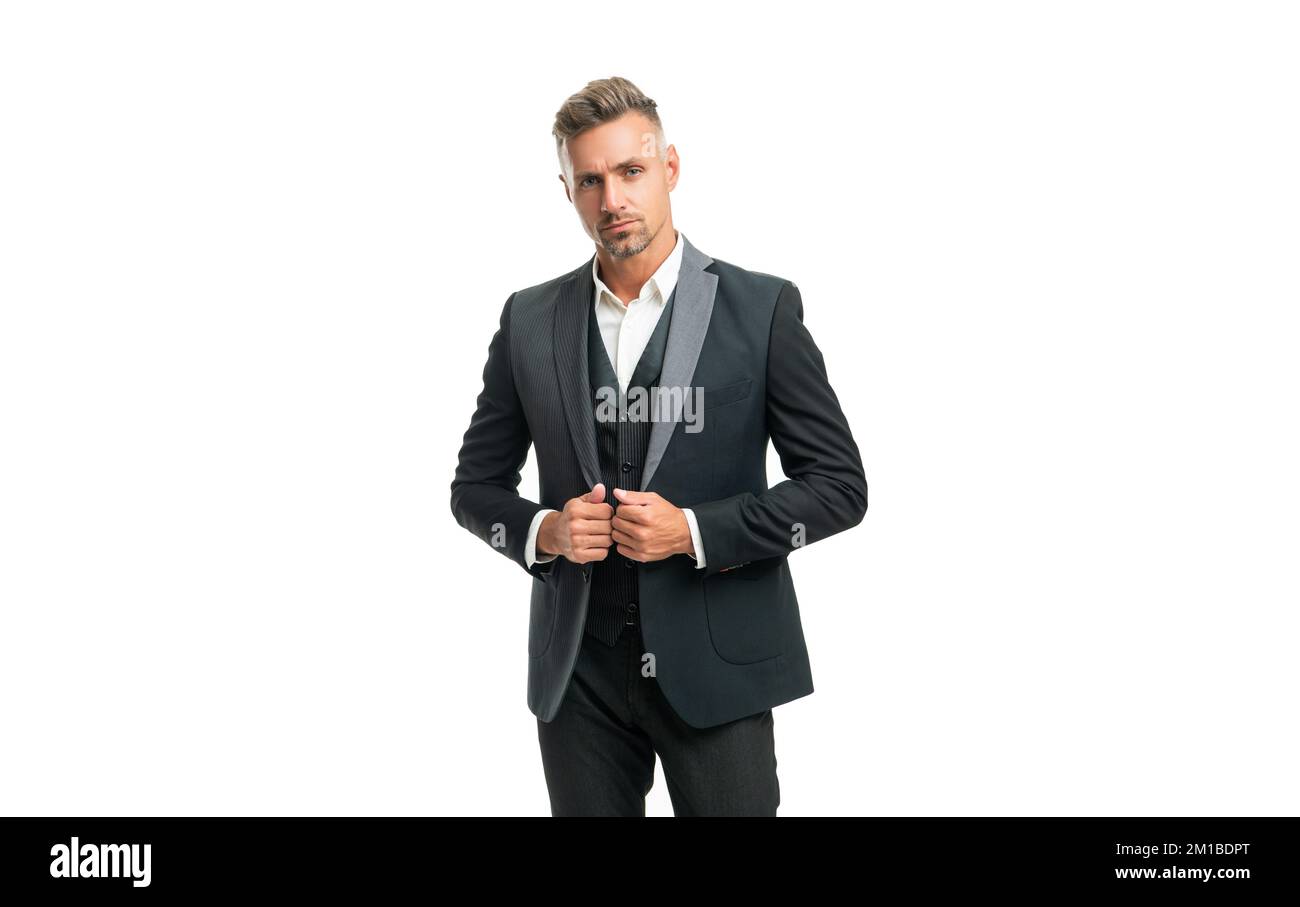 grizzled man butler in formal tuxedo isolated on white Stock Photo - Alamy