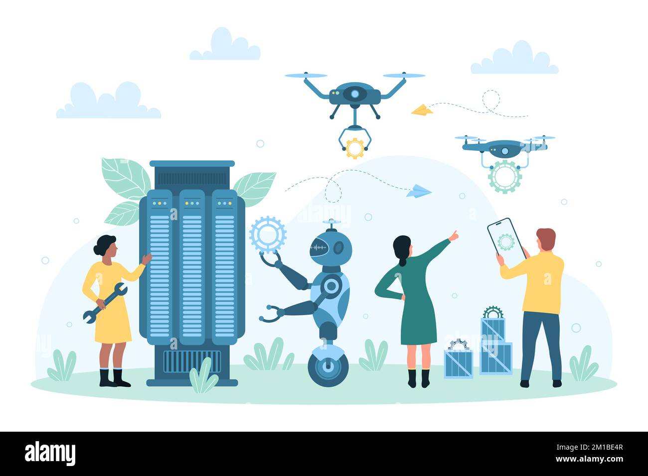 Robot and people partnership, cooperation vector illustration. Cartoon tiny employees work ...