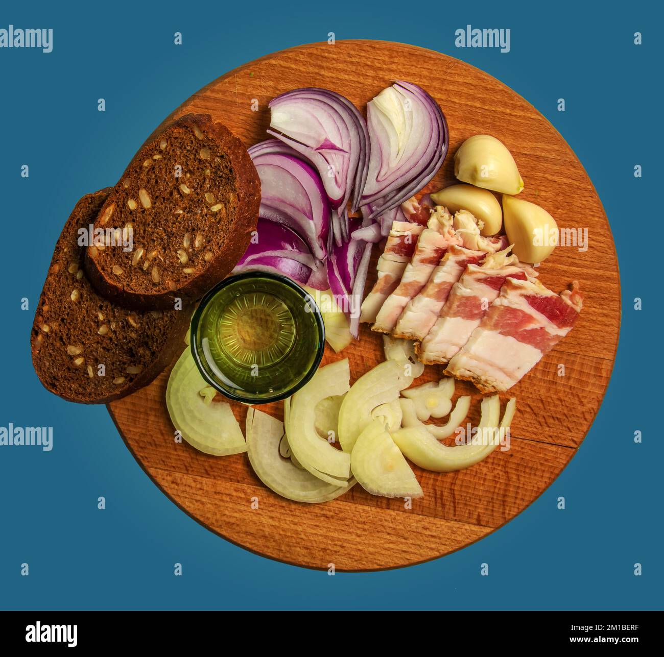 National Russian and Ukrainian food - salo. Sliced bacon on a wooden ...