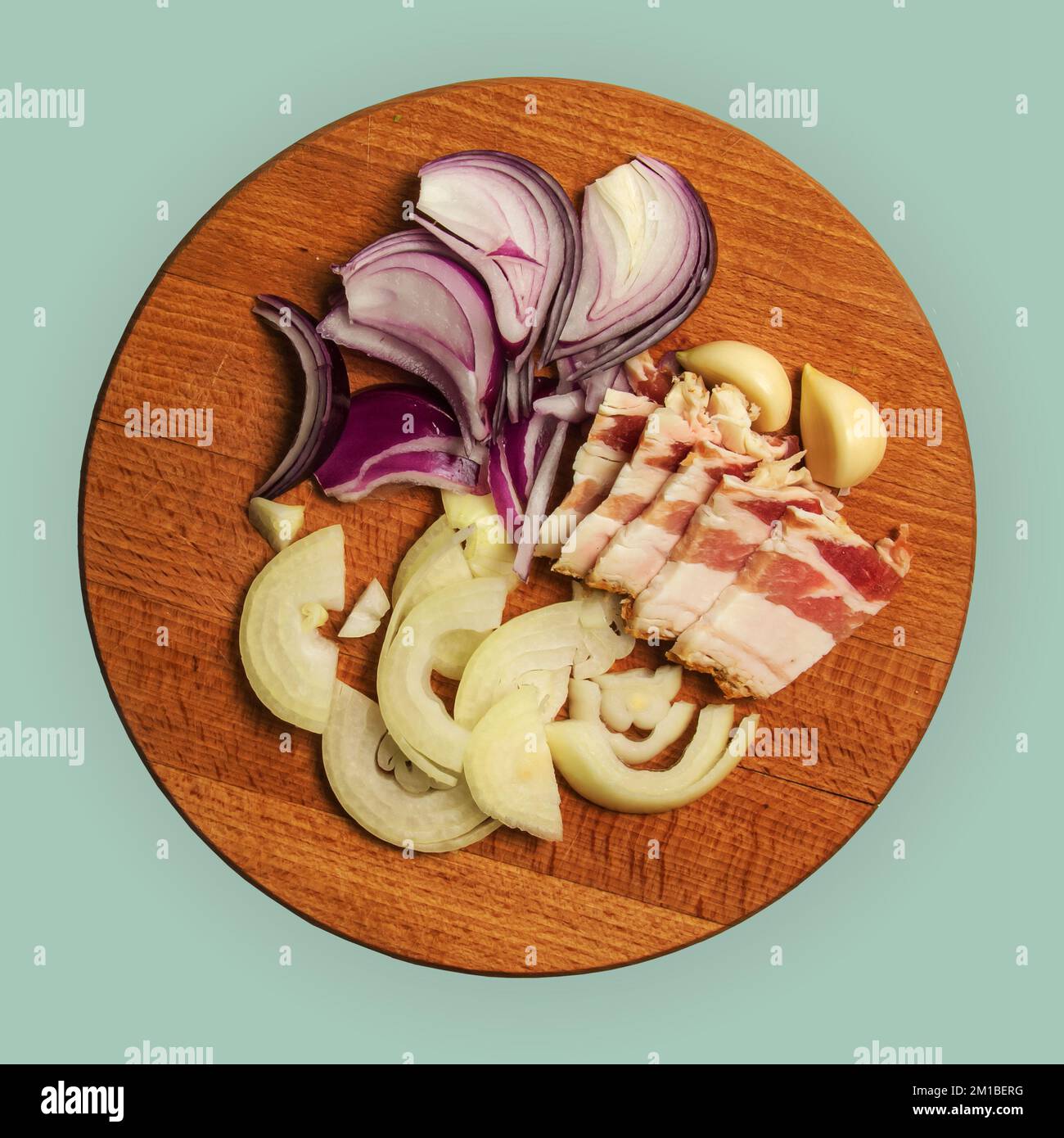 National Russian and Ukrainian food - salo. Sliced bacon on a wooden ...