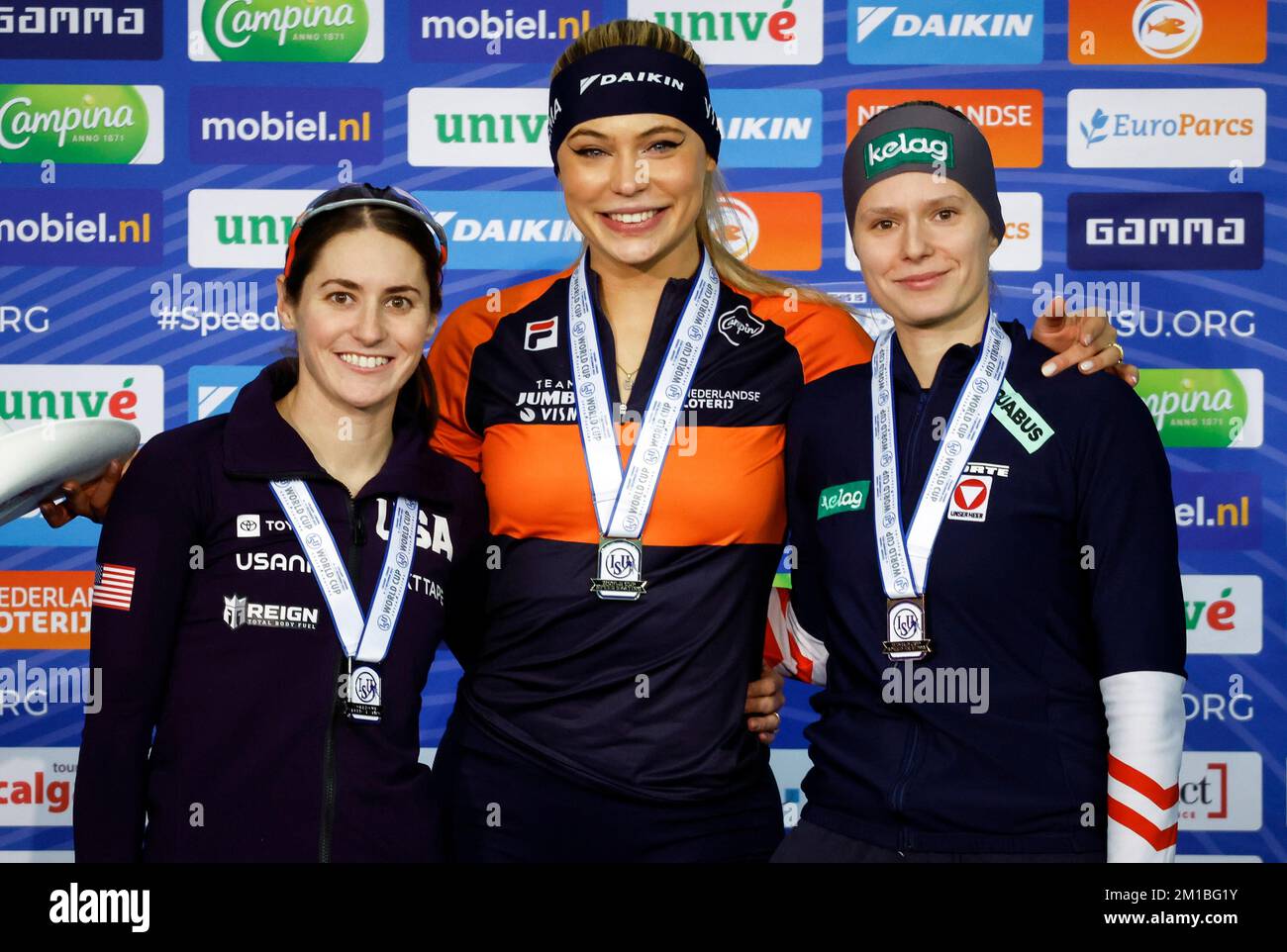 Jutta Leerdam, centre, of the Netherlands, celebrates her victory with ...