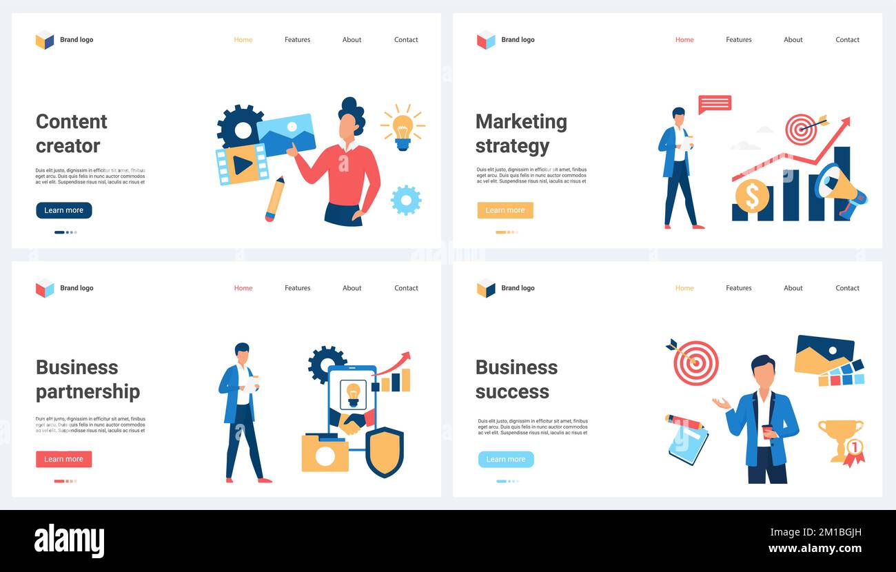 Success of marketing strategy, creation of content and business partnership set vector ...