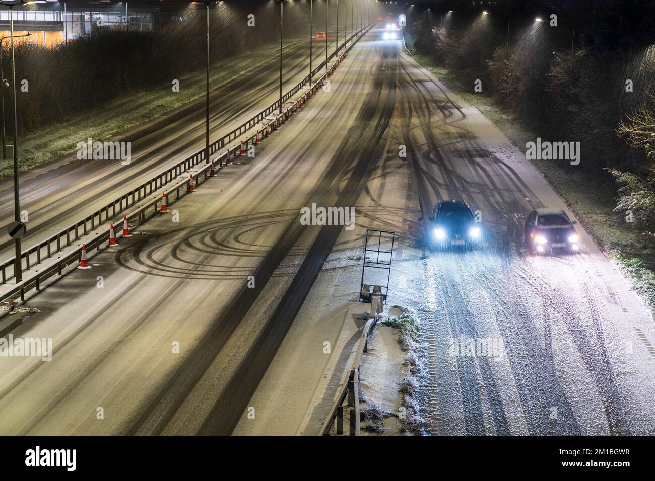 Overhead view of snowfall on the main Thanet to London route, A 299 ...