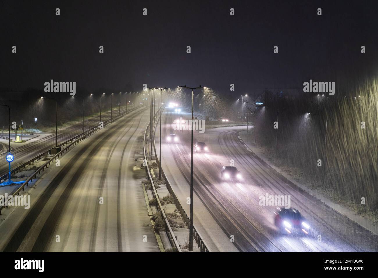 Overhead view of snowfall on the main Thanet to London route, A 299 ...