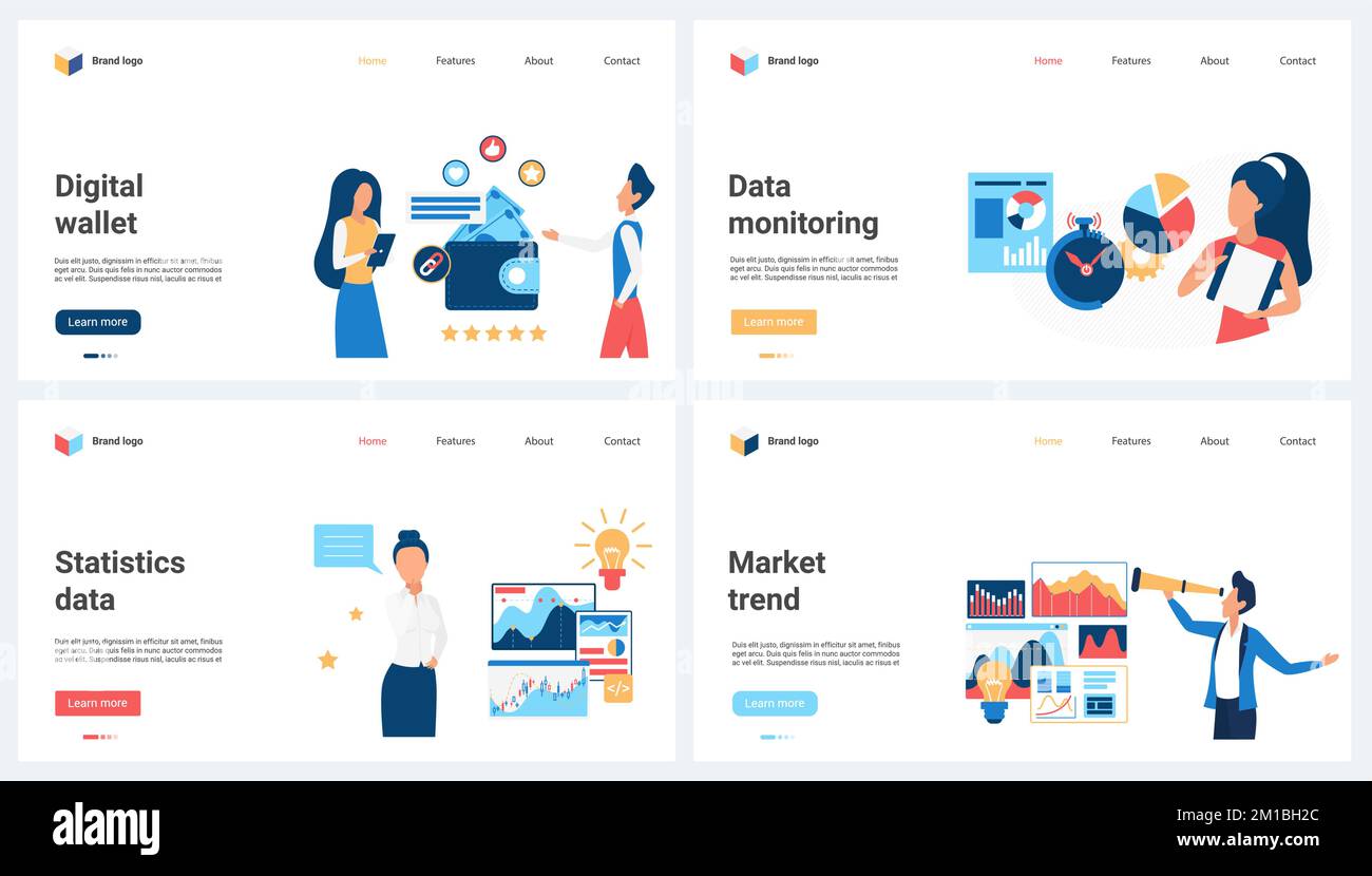 Statistics data monitoring, market trend research and consulting, digital wallet set vector ...