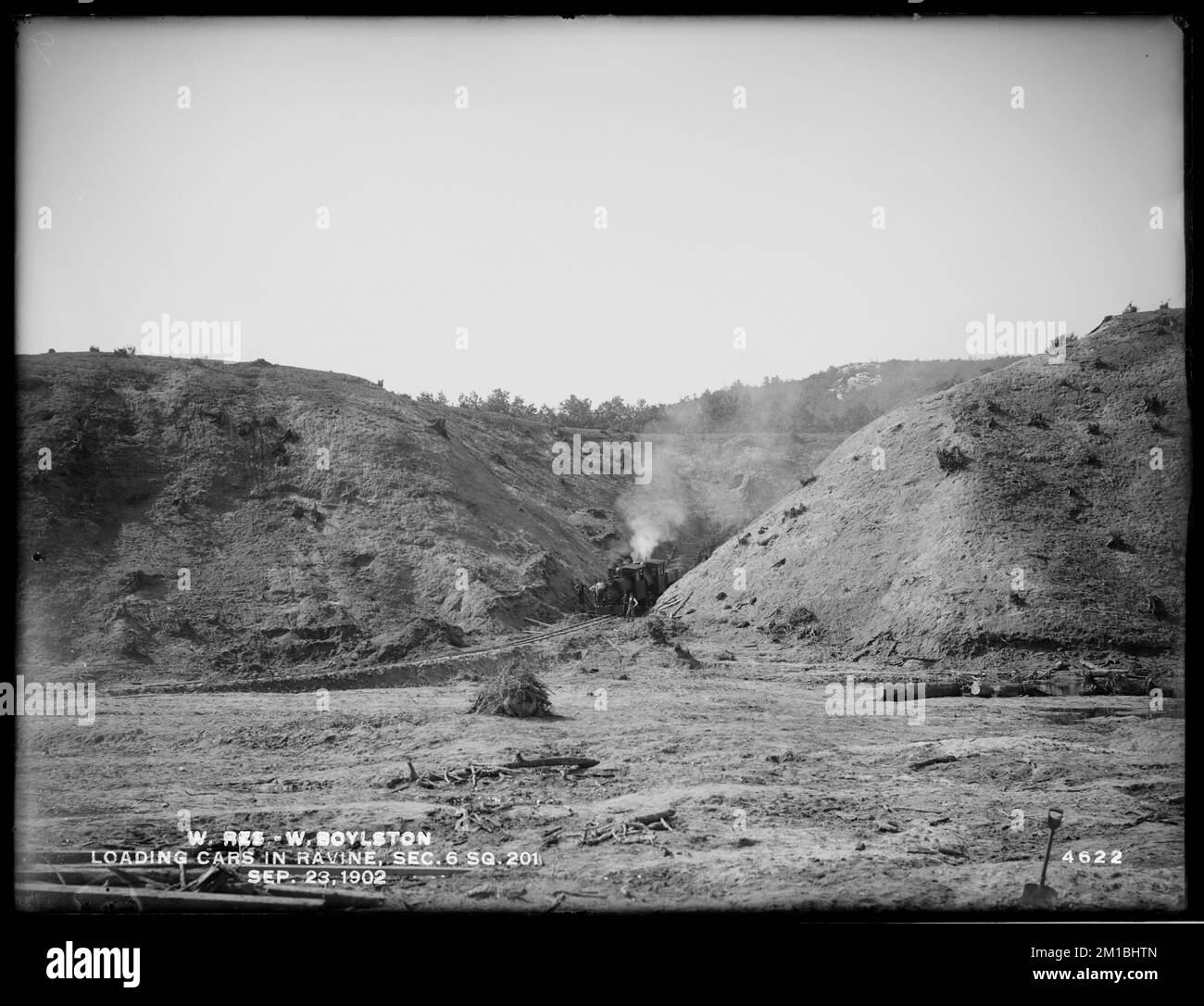 Wachusett Reservoir, loading cars in ravine, Section 6, square 201 ...