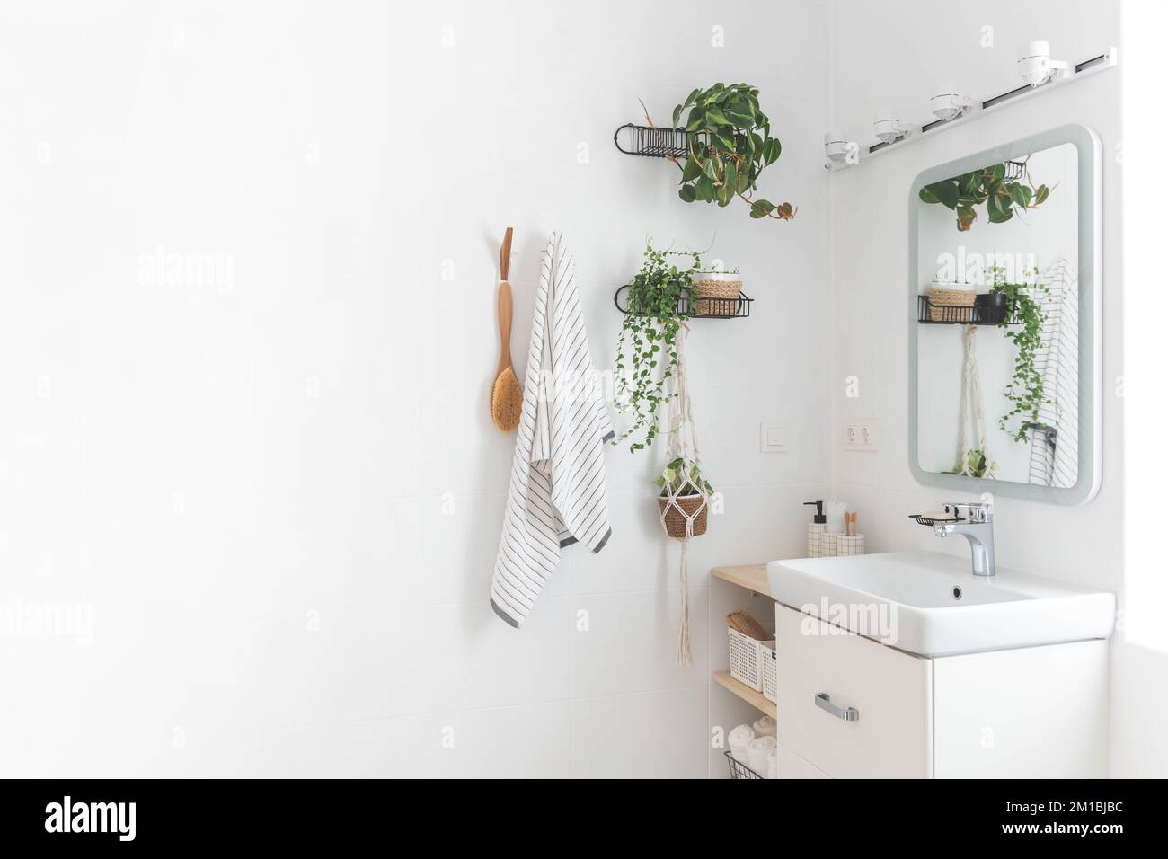 Bathroom white minimalist Nordic interior sink with mirror houseplant ...