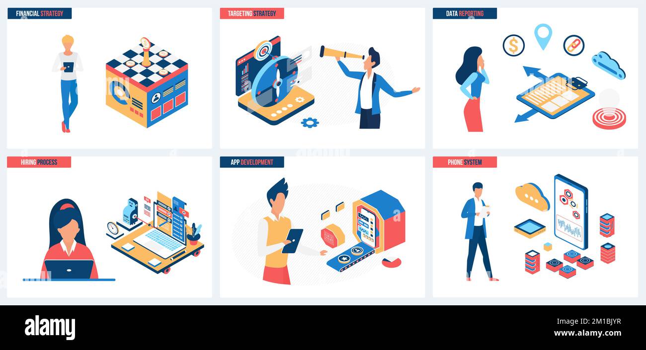 Targeting, financial success strategy and hiring, mobile app development set vector illustration ...
