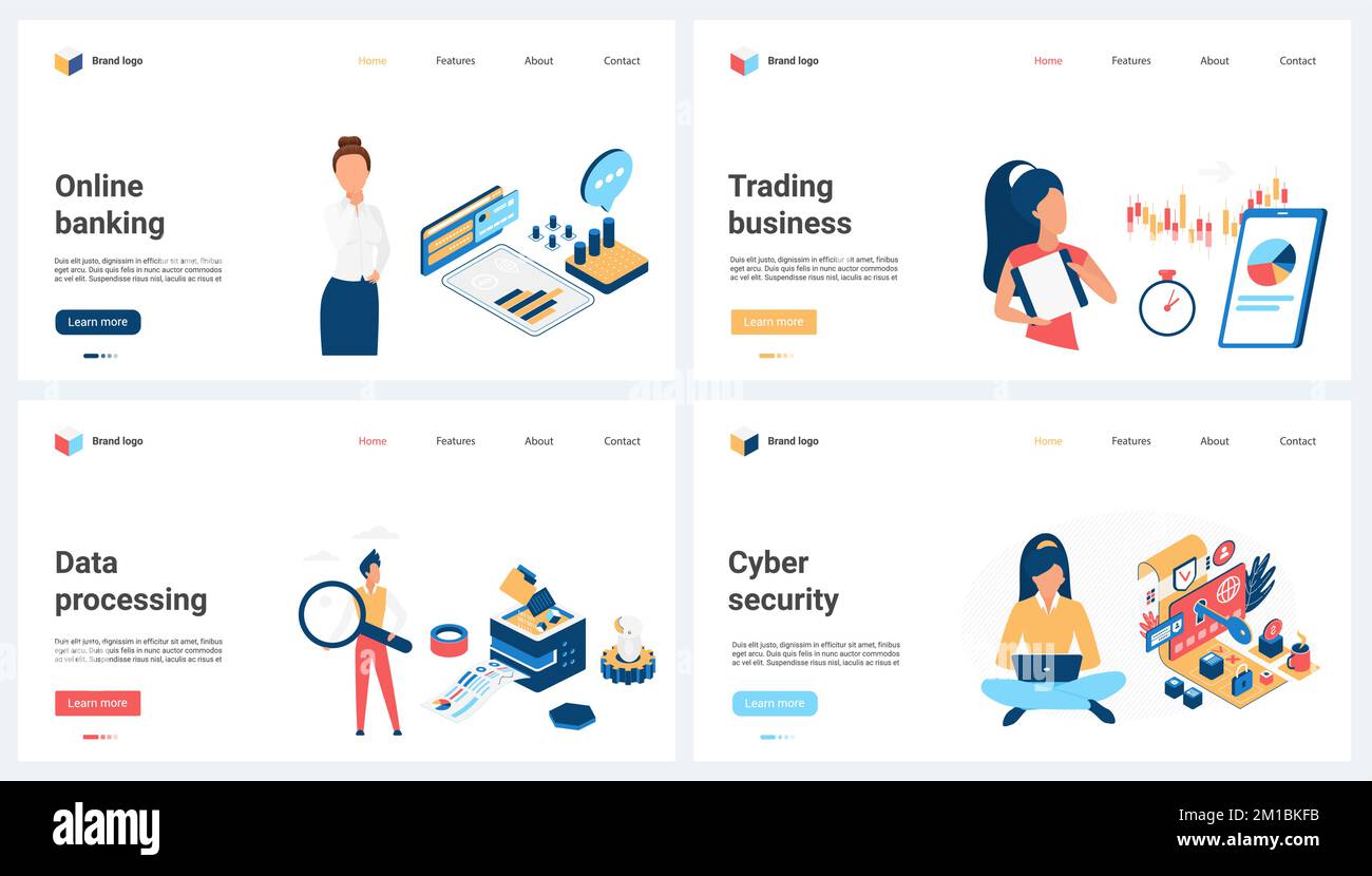 Online banking and account financial data processing, trading and cyber security set vector ...