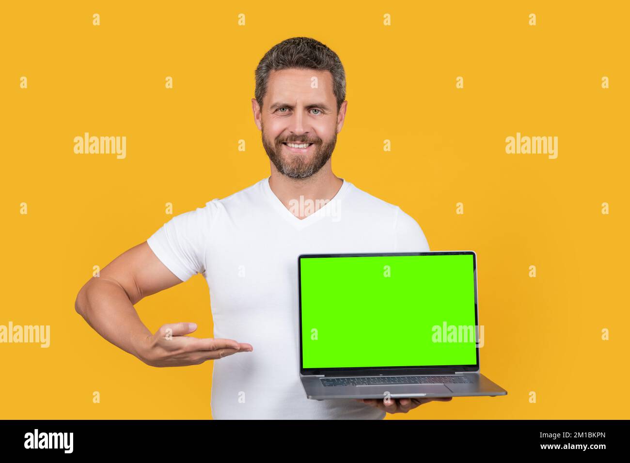 man showing presenting screen with copy space. man showing screen ...