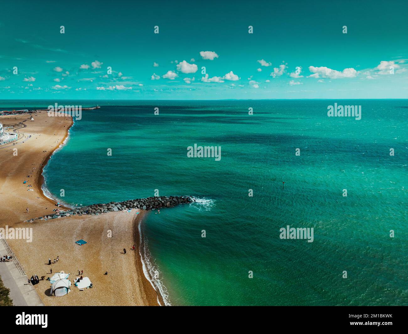 An aerial view of a beautiful beach near Leas Cliff Hall in Folkestone ...