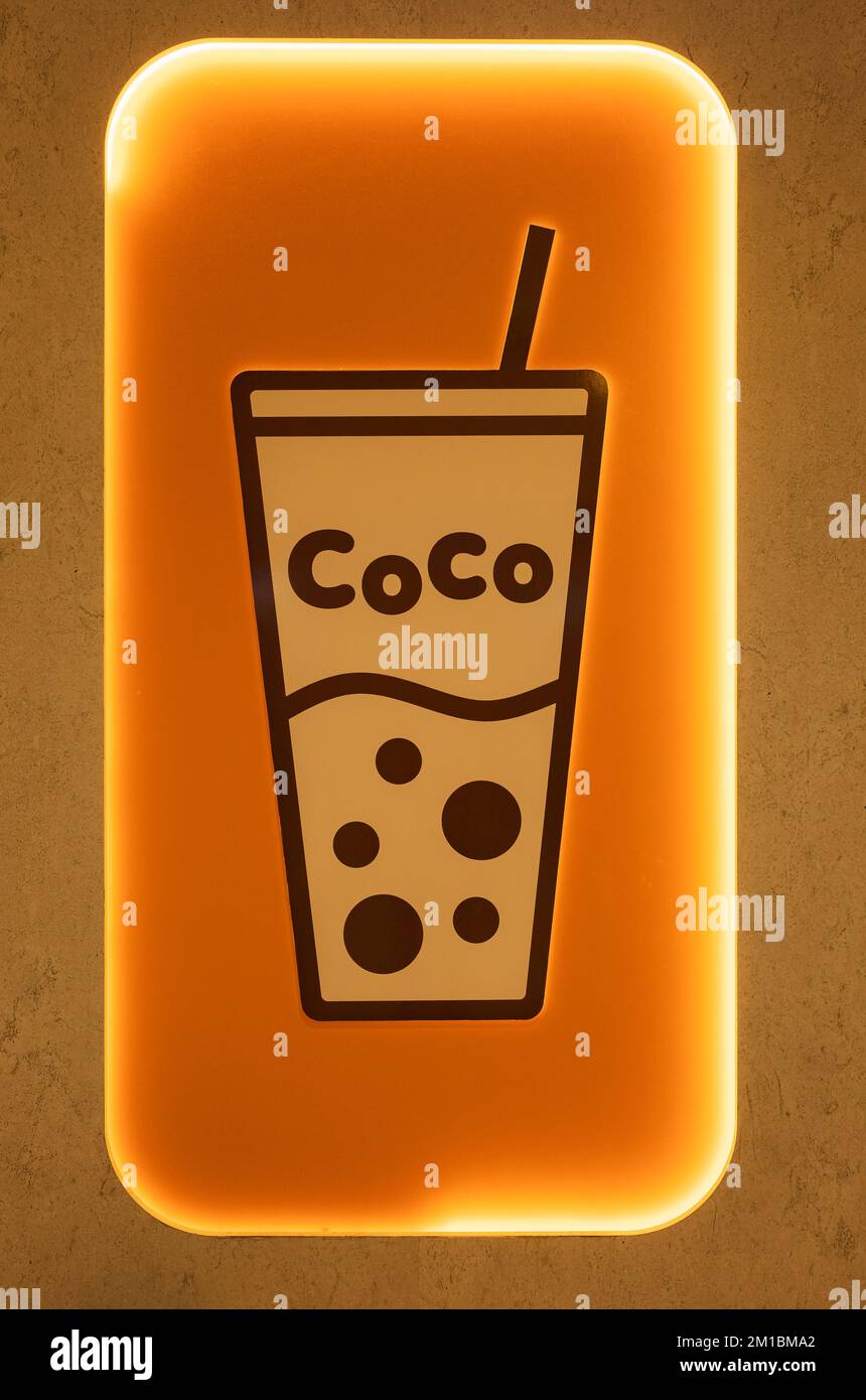 Close up of CoCo Fresh Tea and Juice store sign. Popular Taiwanese ...