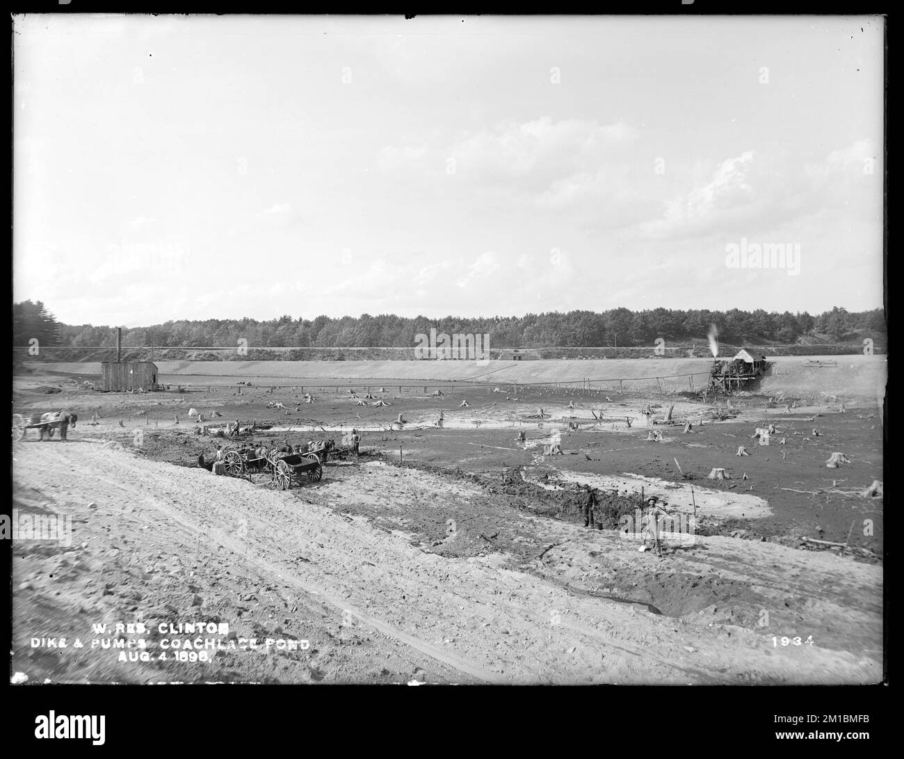 Wachusett Reservoir, small dike and pumps in Coachlace Pond, from the ...