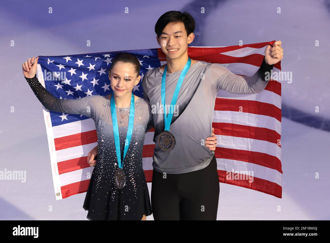 Turin, Italy. 10th Dec, 2022. Cayla Smith and Andy Deng of USA pose ...