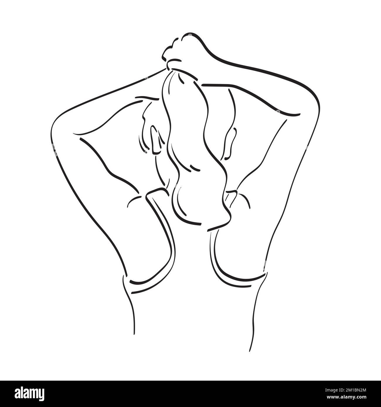 line art rear view of sporty woman holding her long hair illustration ...