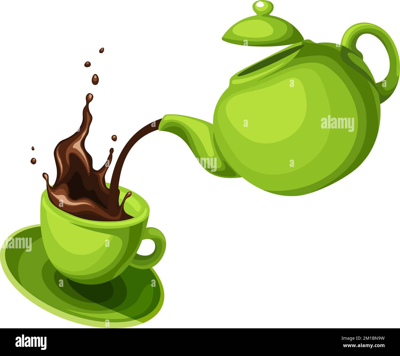 Teapot and a cup of tea. Green teapot pouring tea into a green cup ...