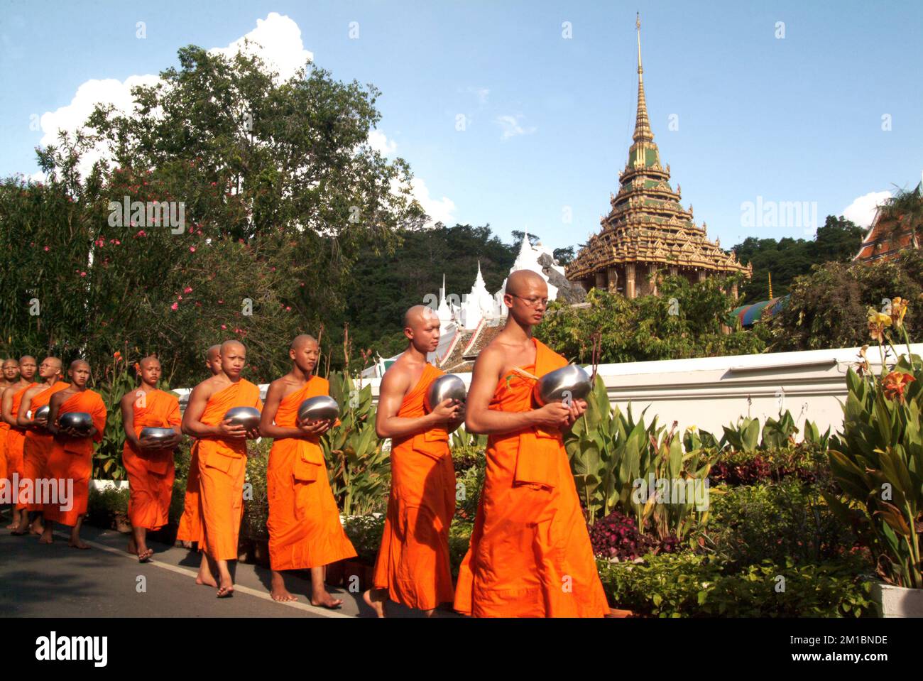 Row of Monks walking to Pagoda in Tak Bat Dok Mai Festival (give ...