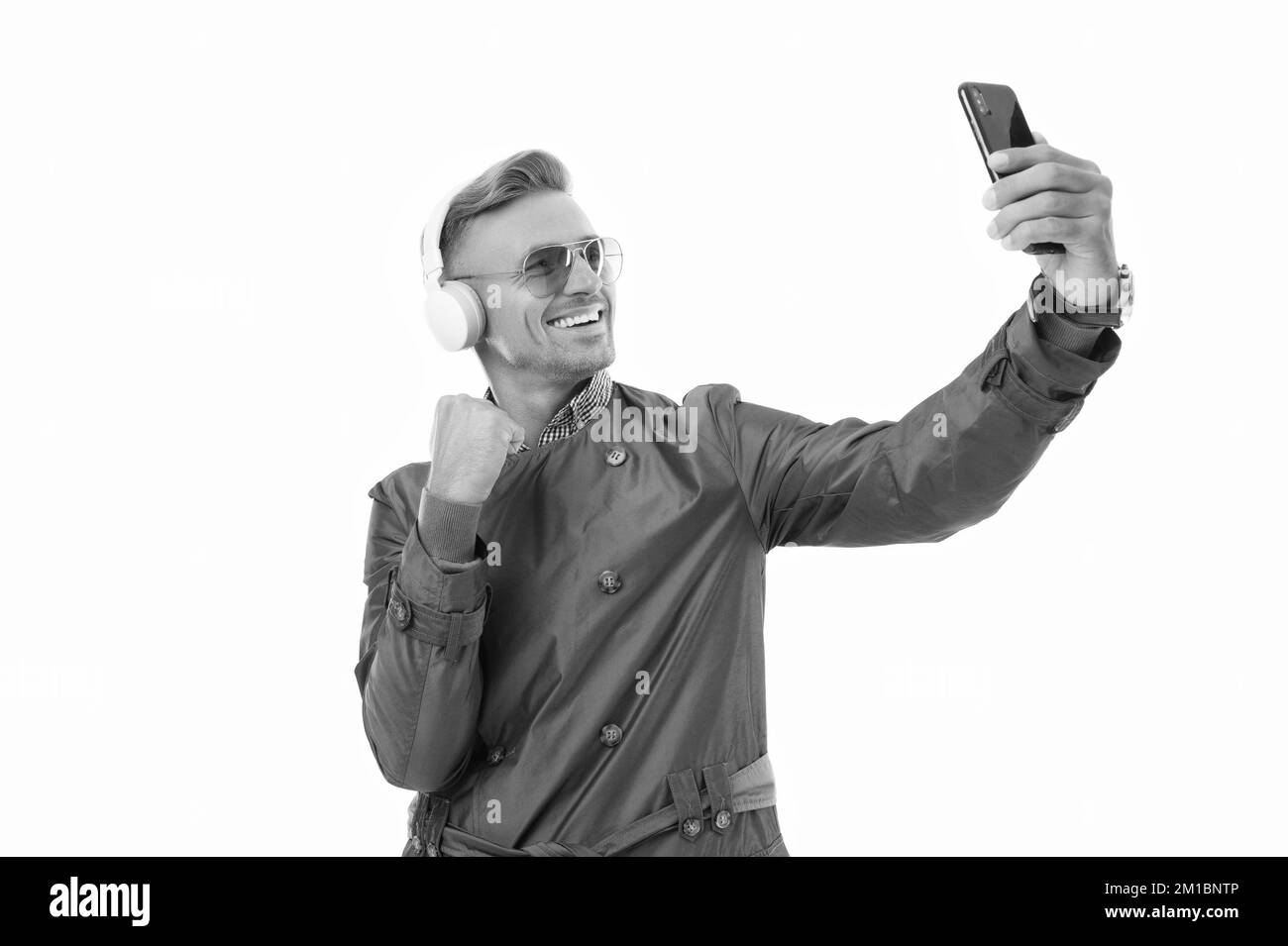 Streaming made easy. Happy man live stream flexing arm. Live streaming ...