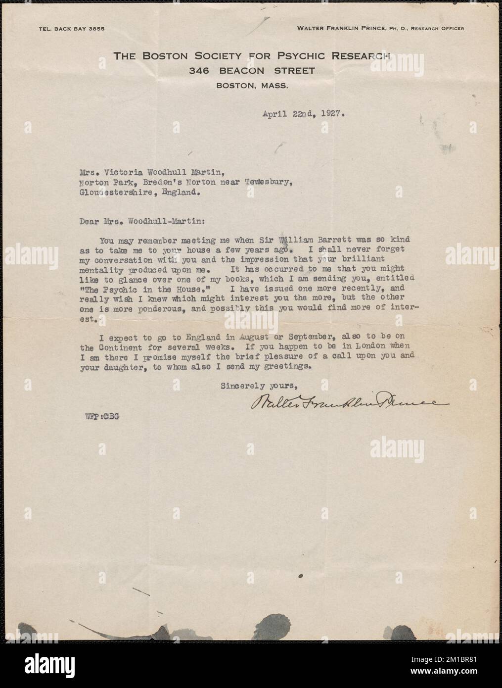 Walter Franklin Prince typed letter signed to Victoria Woodhull Martin ...
