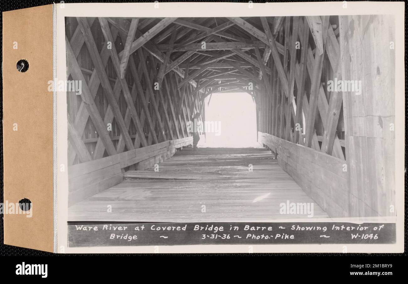 Ware at covered bridge in Barre showing interior of bridge, Barre, Mass ...