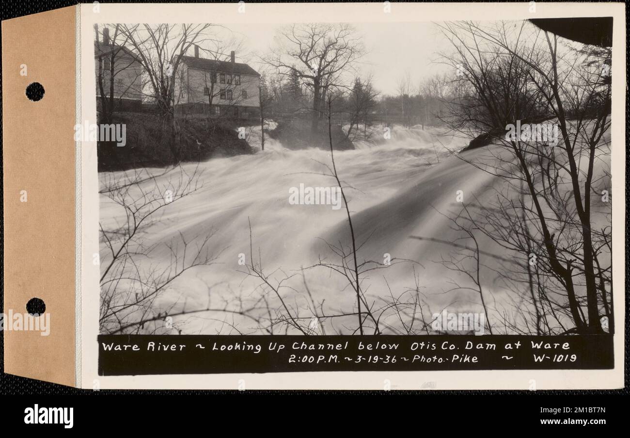 Ware River, looking up channel below Otis Co. dam, Ware, Mass., 2:00 PM ...