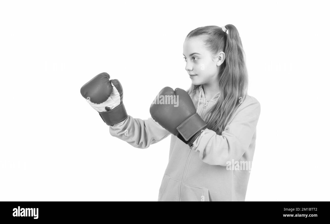 happy teen girl boxer in boxing gloves ready to fight and punch ...