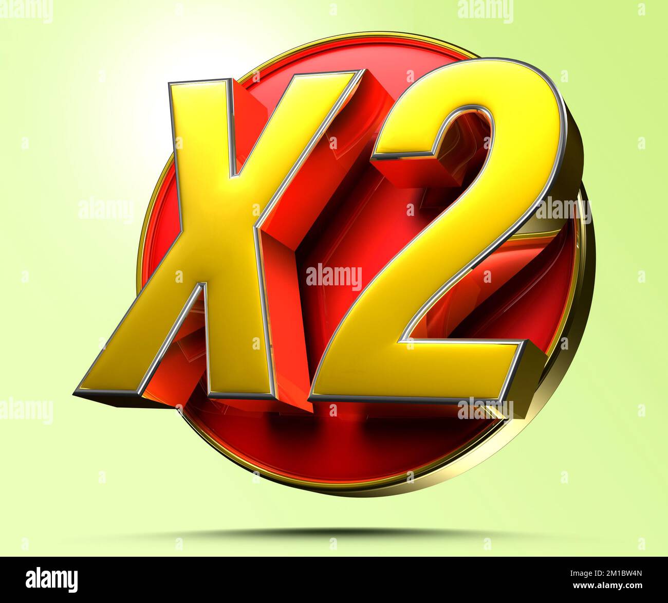 Gold X2 red circle 3D illustration on light green background have work ...