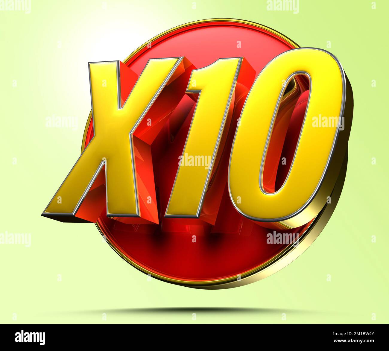 Gold X10 red circle 3D illustration on light green background have work ...