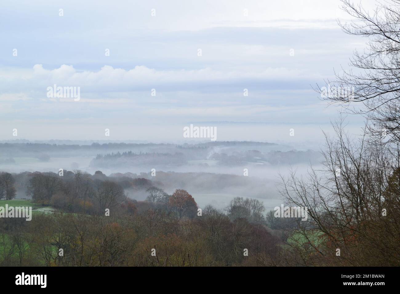Temperature inversion causing mist and fog over the Kent Weald looking ...