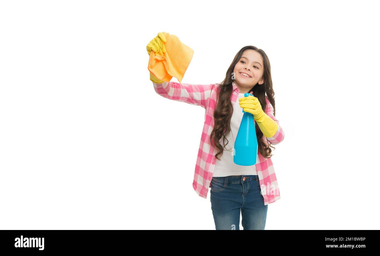 teen girl house cleaner in washing gloves isolated on white. cleaner ...