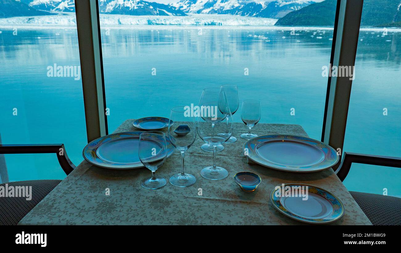 Restaurant table setting interior by panoramic window at scenic glacier ...