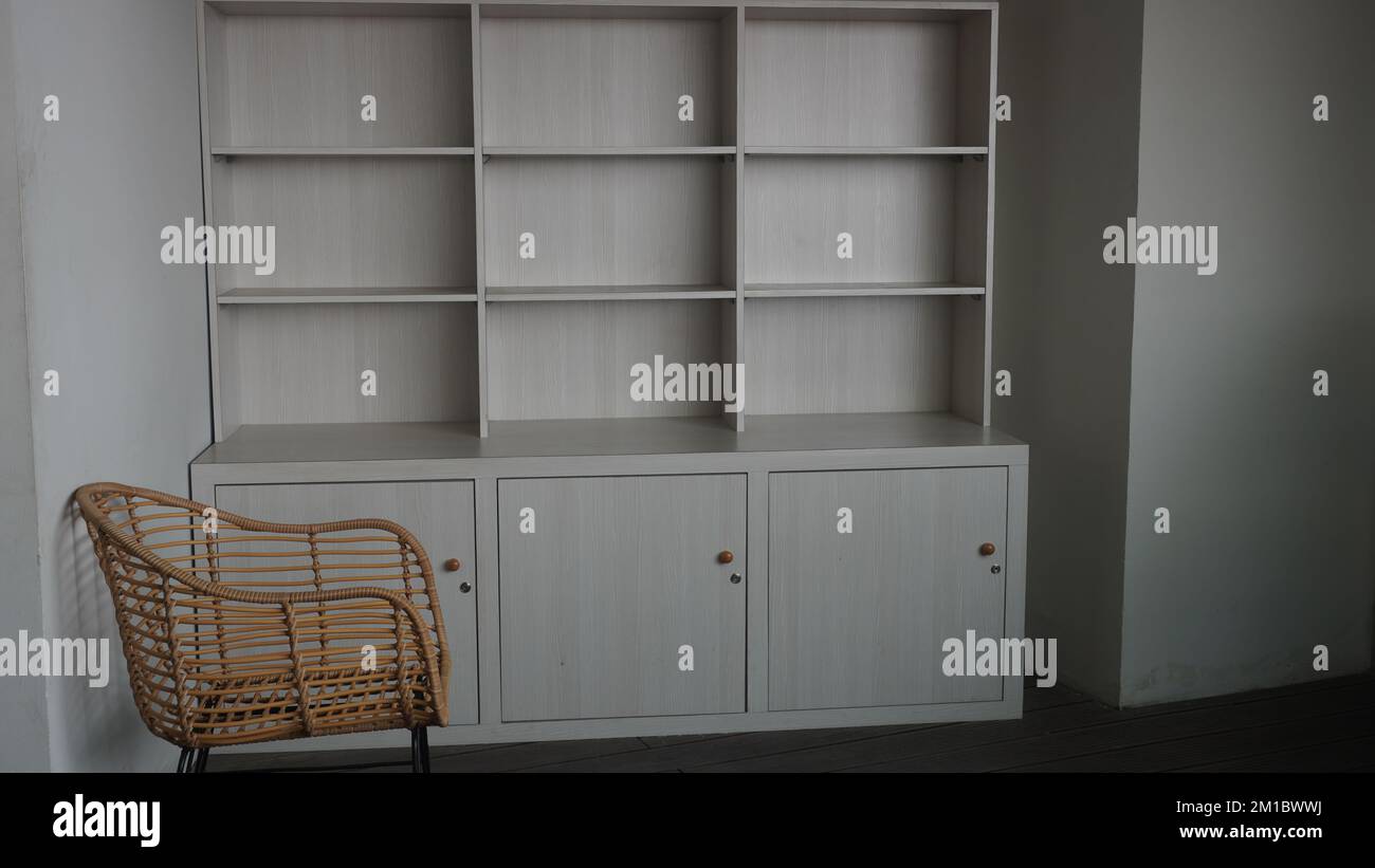 Design interior inside home wooden locker cabinet. cupboard with chair ...