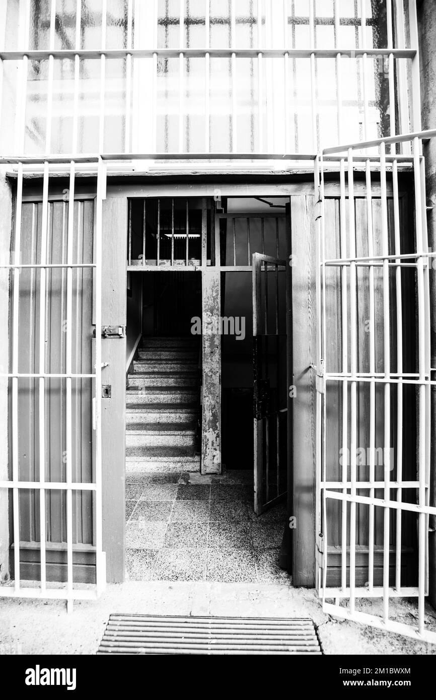 A grayscale vertical shot of a building's entrance with opened metal ...