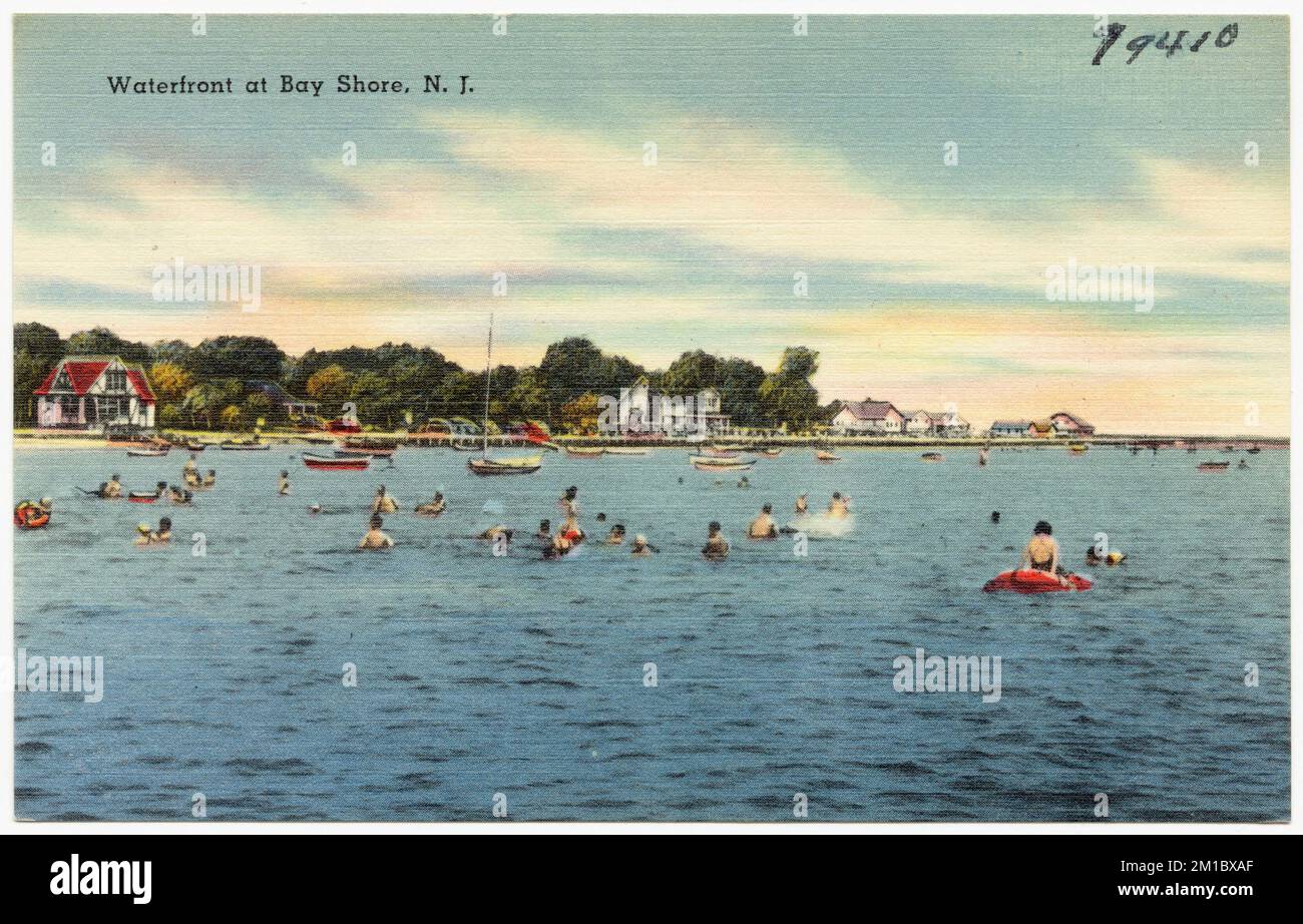 Waterfront at Bay Shore, N. J. , Beaches, Boats, Tichnor Brothers ...