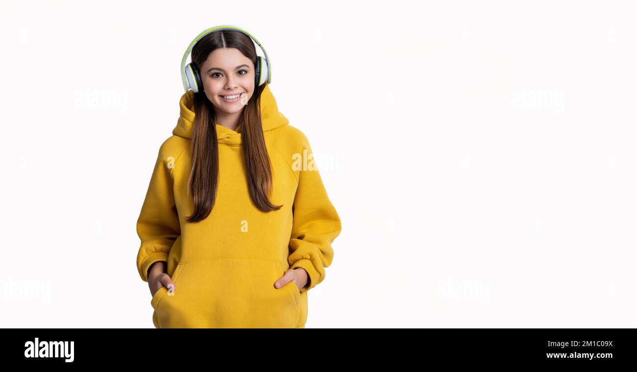 photo of teen girl listening music, copy space. teen girl in music ...