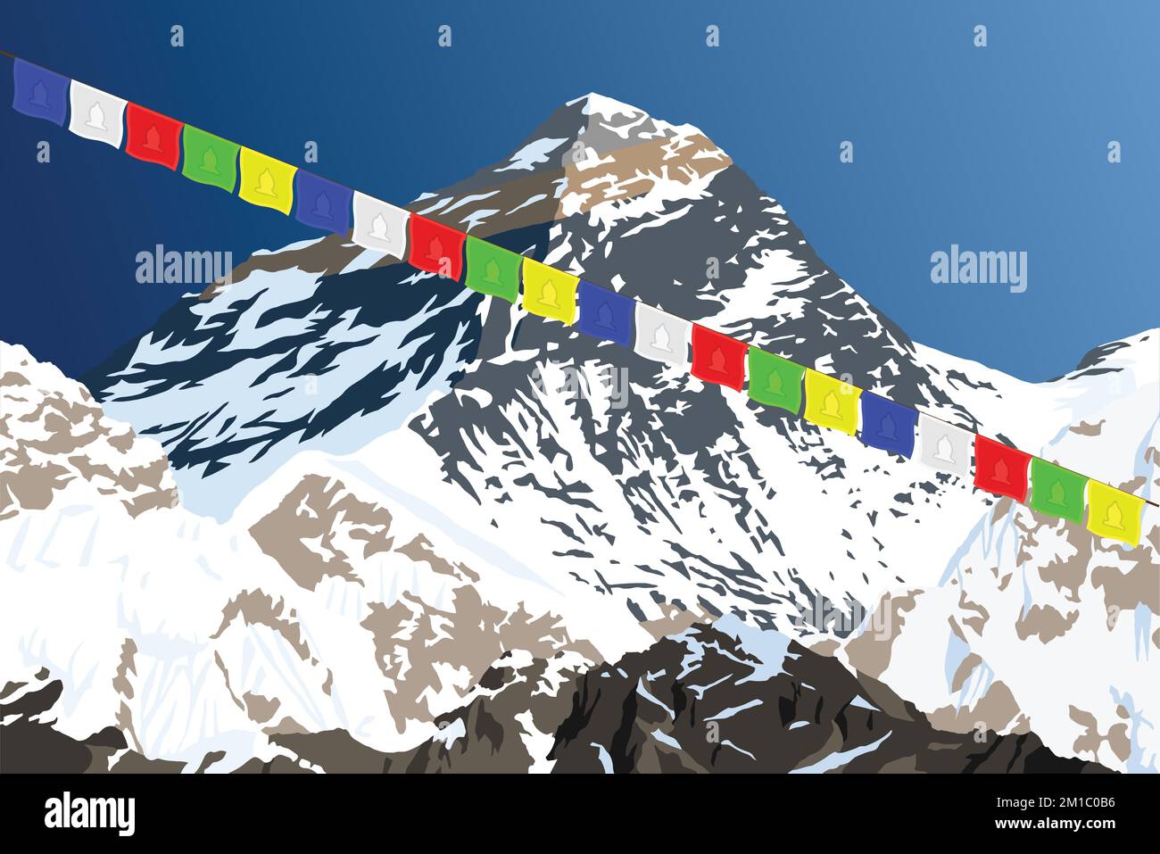 mount Everest with prayer flags as seen from gokyo, vector illustration ...