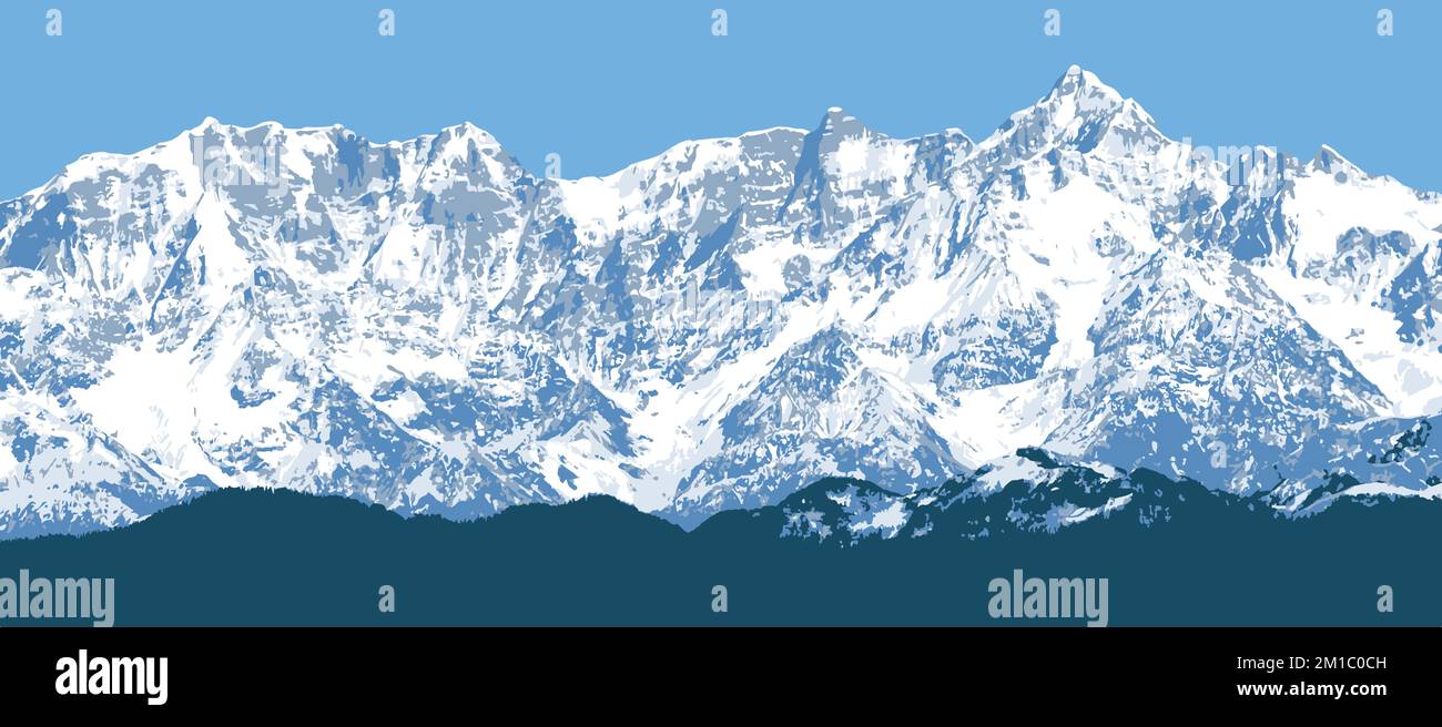 Great Himalayan range, Himalayas mountains vector illustration, snowcapped white and blue ...