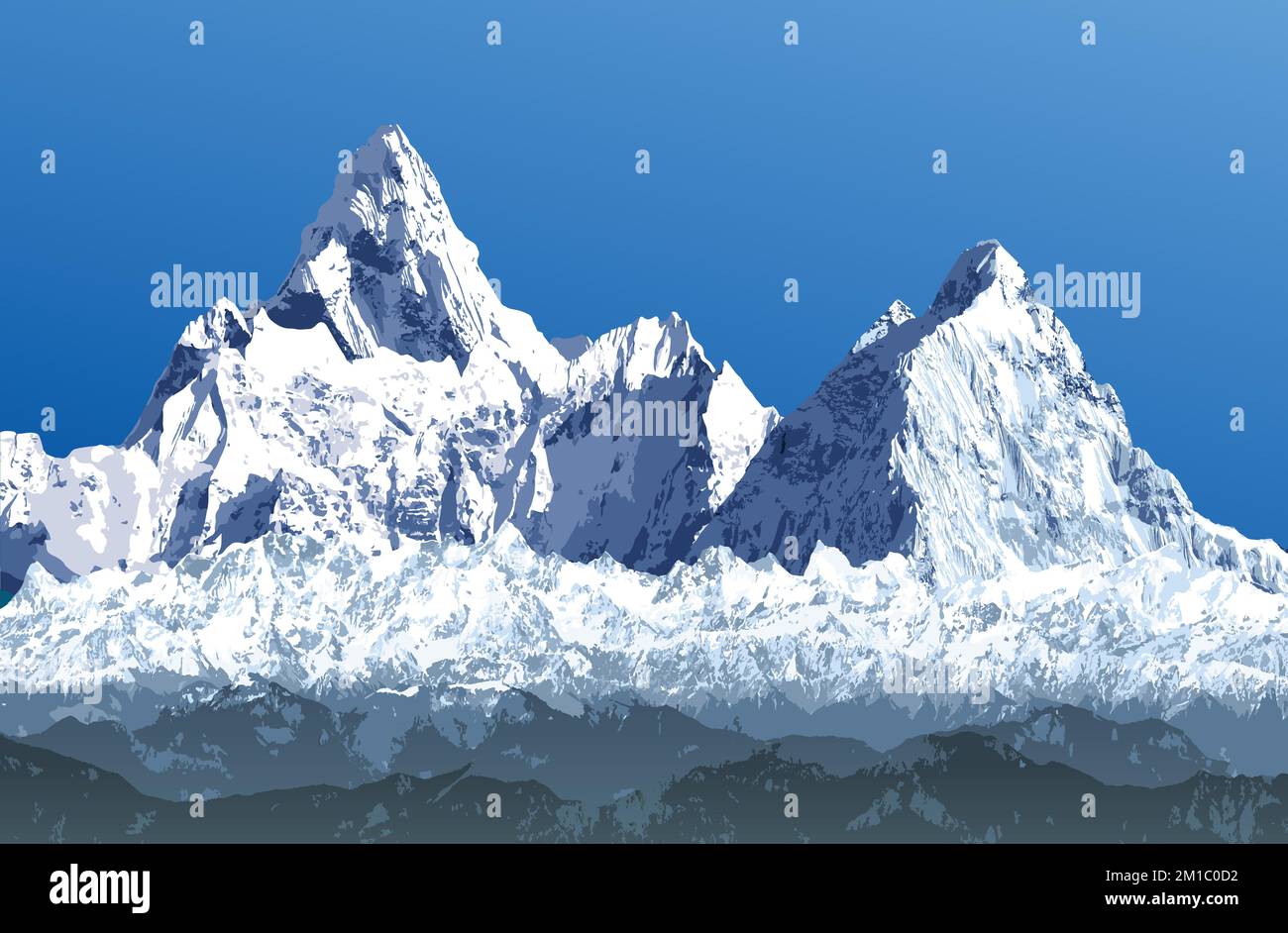 Great Himalayan range, Himalayas mountains vector illustration, snowcapped white and blue ...