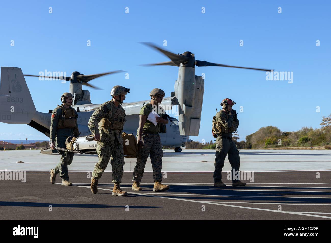 U.S. Marines and sailors move a simulated casualty off of an MV-22B ...