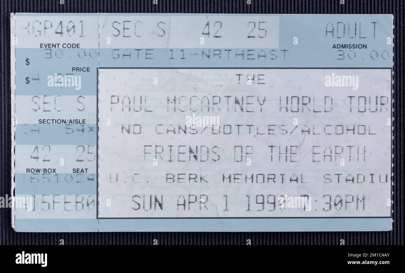 Berkeley, California - April 1, 1990 - Old used ticket for the concert ...