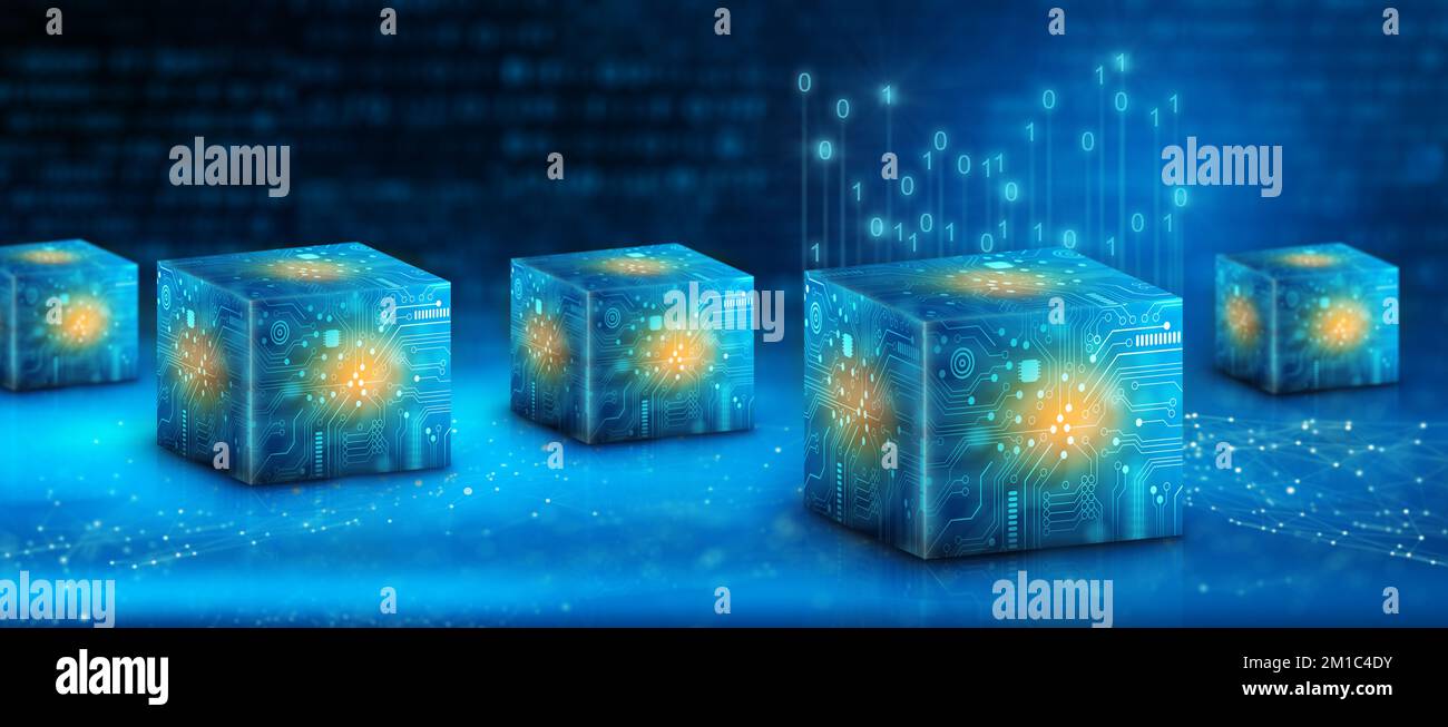 Cube Technology On Converging Point Of Circuit With Abstract Blue Background Blockchain Network