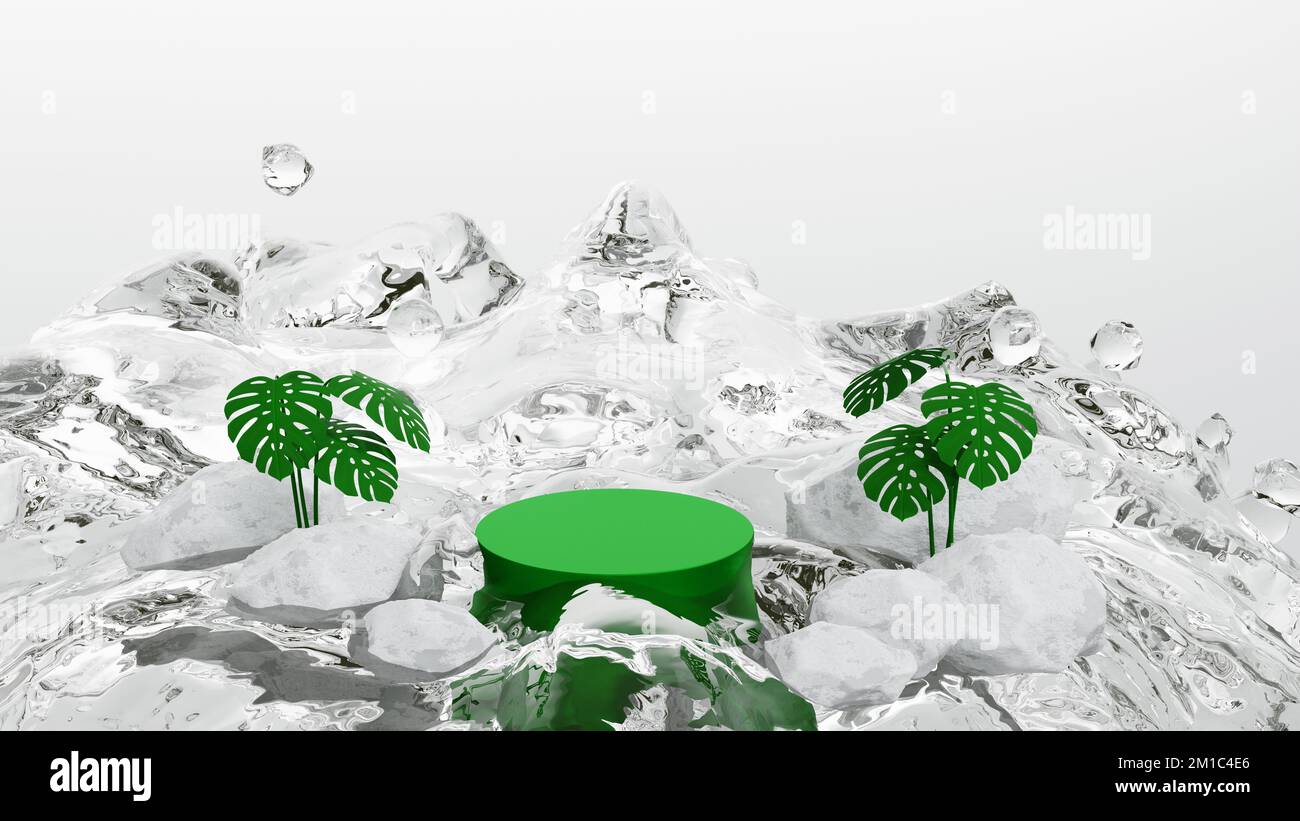 Podium with pure water splash fountain waterfall and tree, stage for ...