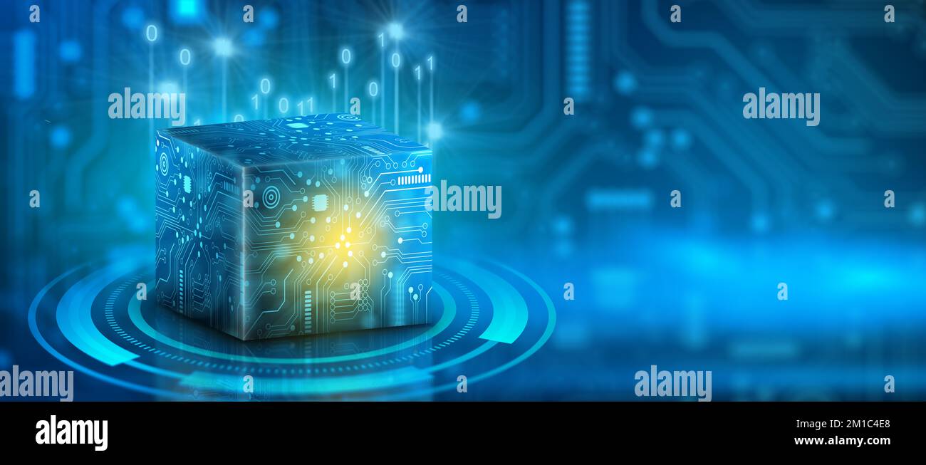 Cube Technology On Converging Point Of Circuit With Abstract Blue Background Blockchain Network
