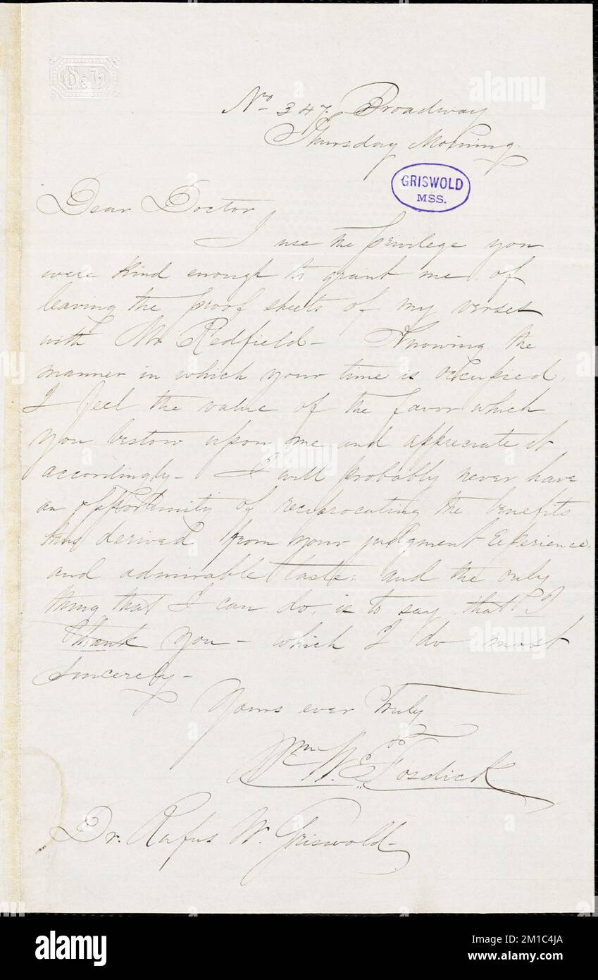 William Whiteman Fosdick, No .347 Broadway, (New York?) Thursday ...