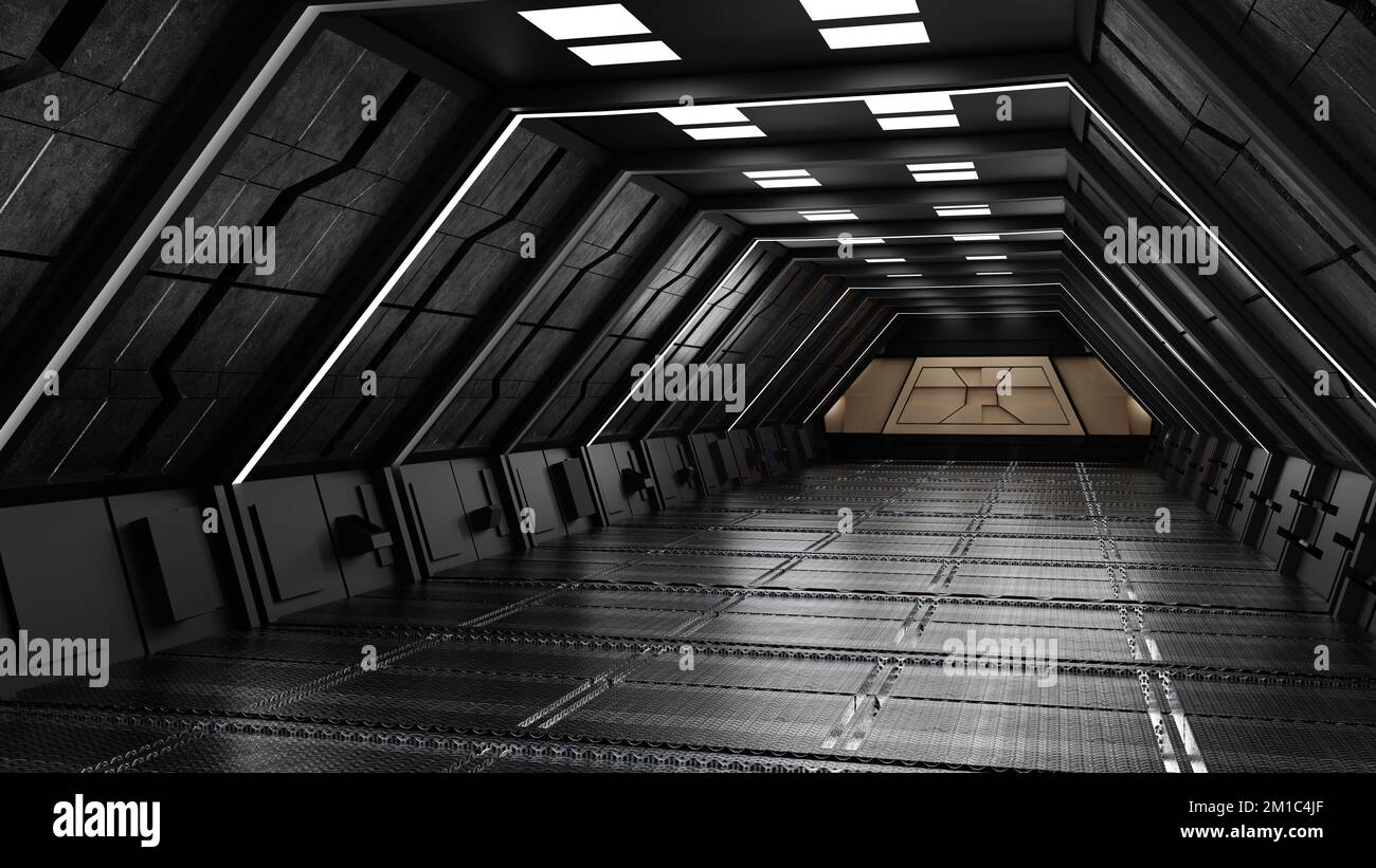 Inside spaceship or space station interior, Sci-Fi tunnel, corridor ...