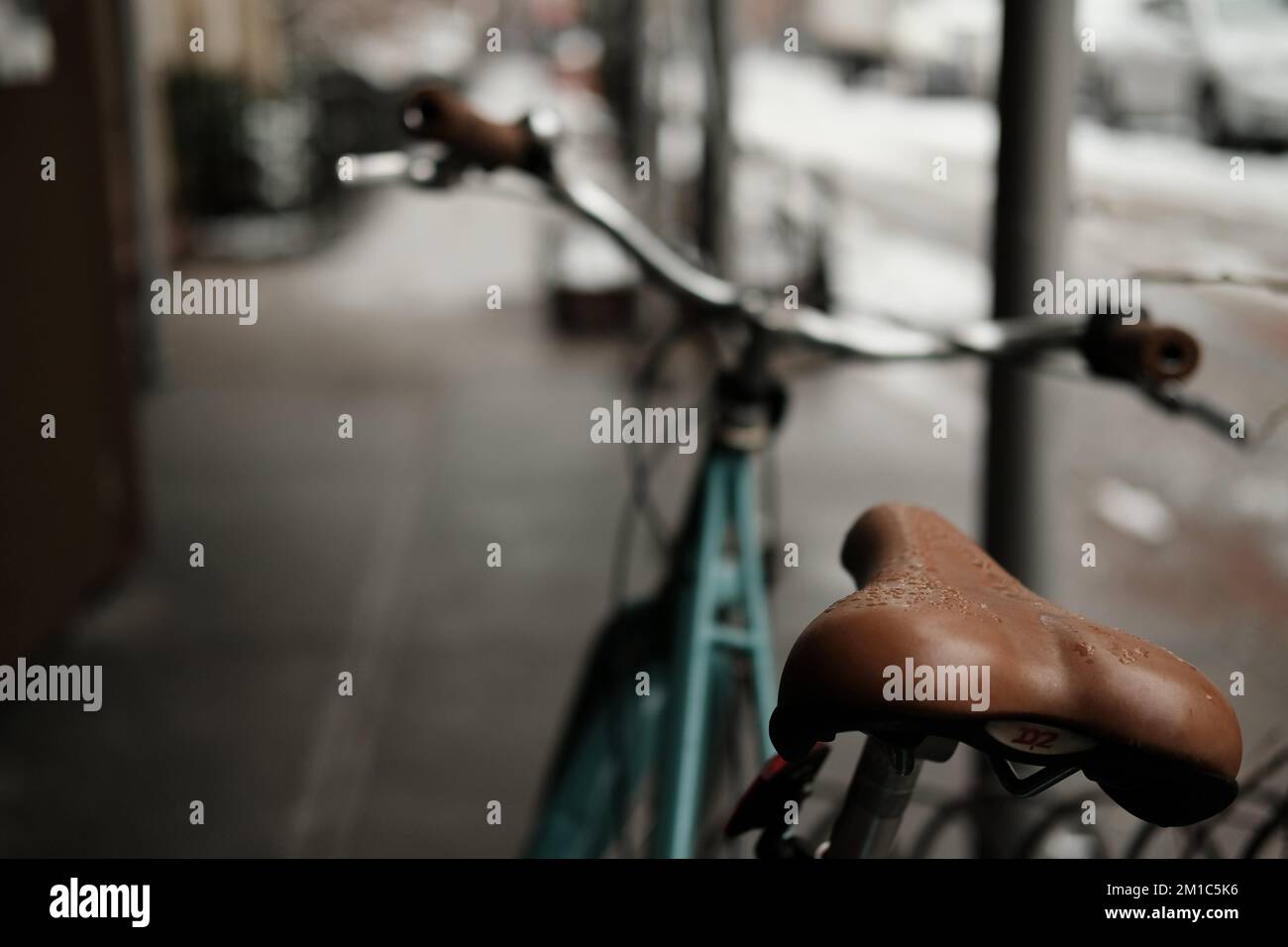 Retro vintage blue bike with leather sear in new york city manhattan ...