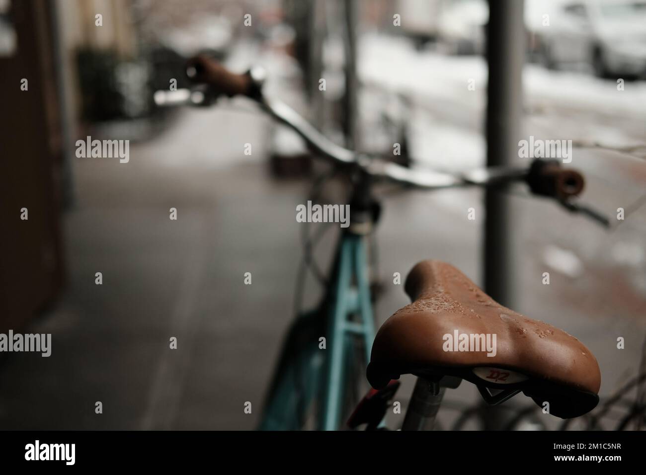 Retro vintage blue bike with leather sear in new york city manhattan ...